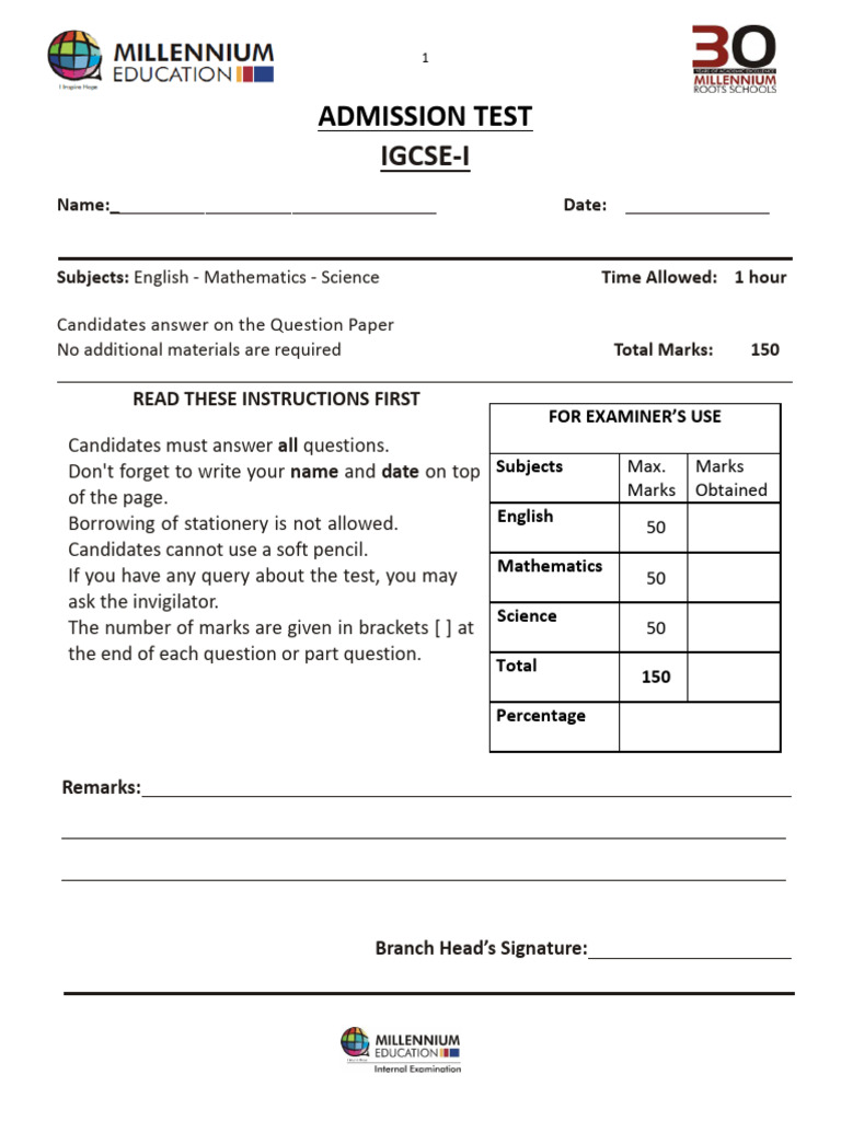 IGCSE-I Admission Test | PDF | Acid | Liquids