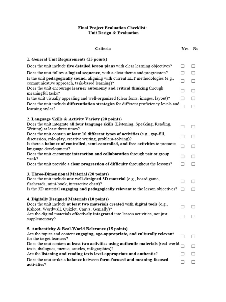 Fİnal Project Checklist Unit Design and Evaluation | PDF | Learning | Pedagogy