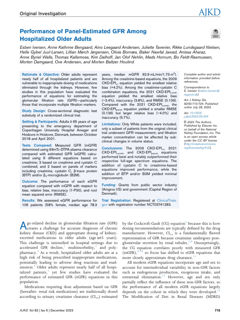 Performance of Panel Estimated GFR Among Hospitali | PDF | Creatinine ...