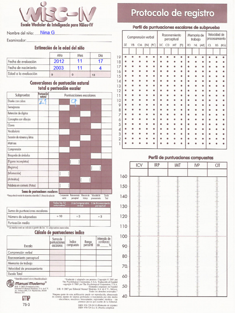 NinaG 9años WISCIV Protocolo para Revision | PDF