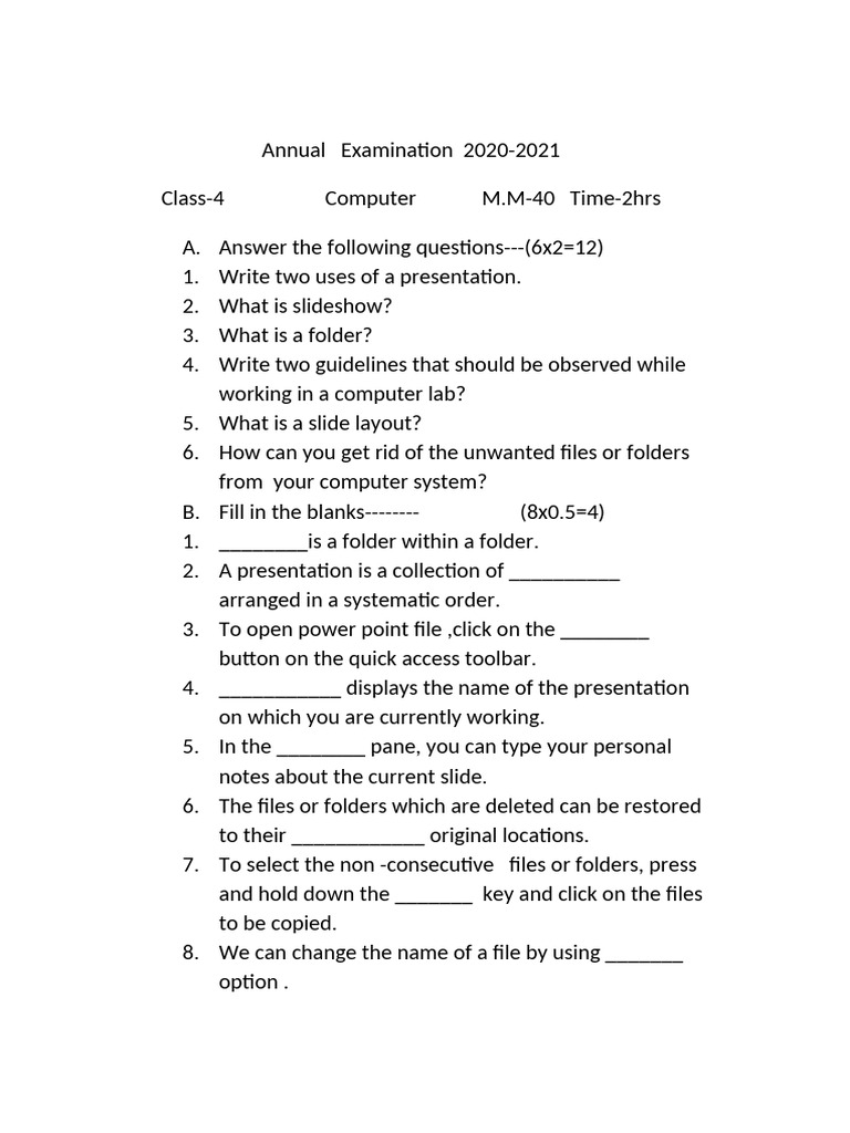Annual Examination 2020 Computer Class4 | PDF