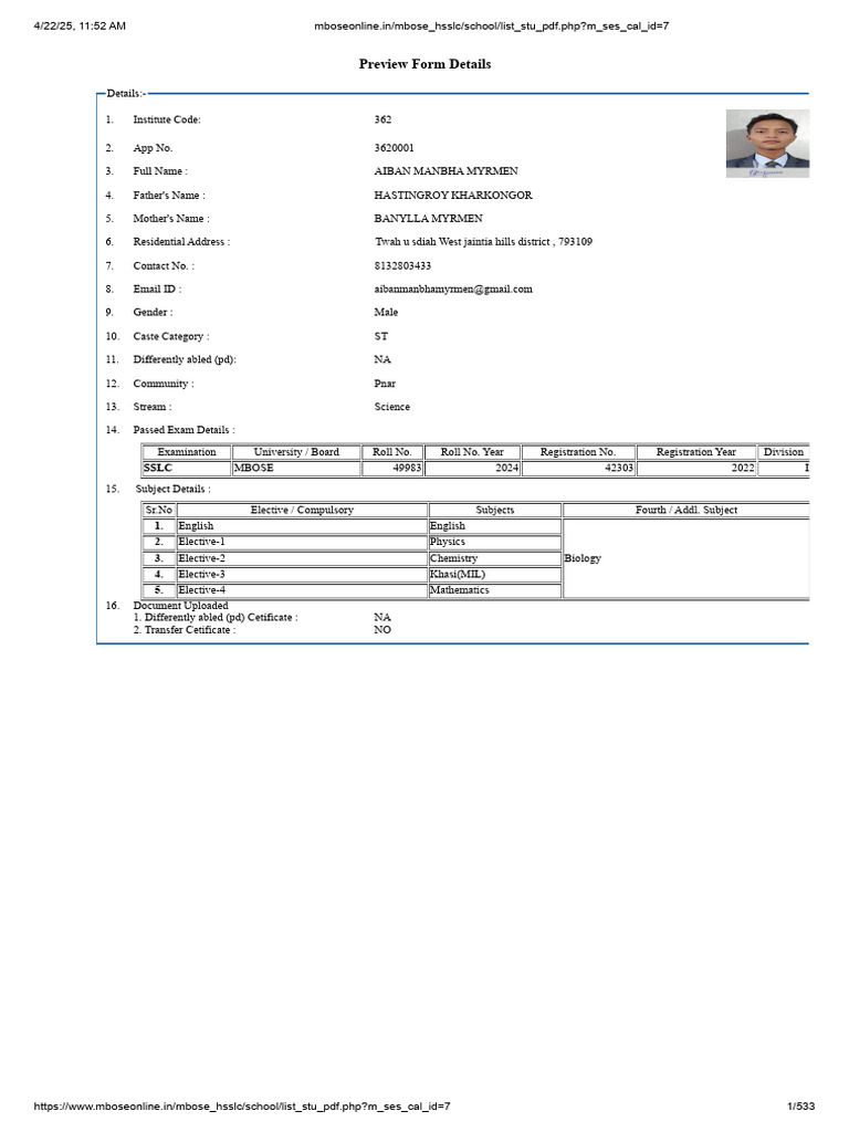 Registration Form 2024 (Subject Verification) | PDF