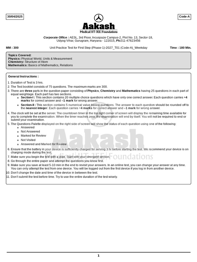 Practice Test For First Step (Phase-1) - 2027 - T01 (Code-A) - Weekday ...