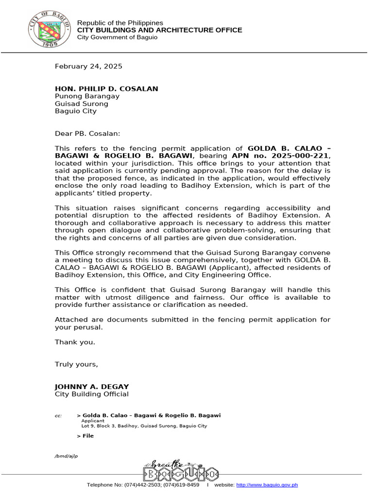 Letter To Guisad Surong - Endorsing The Issue Regaridng The Fencing ...