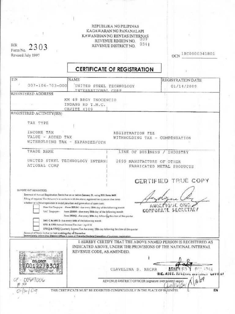 Certificate of Registration STEELTECh | PDF