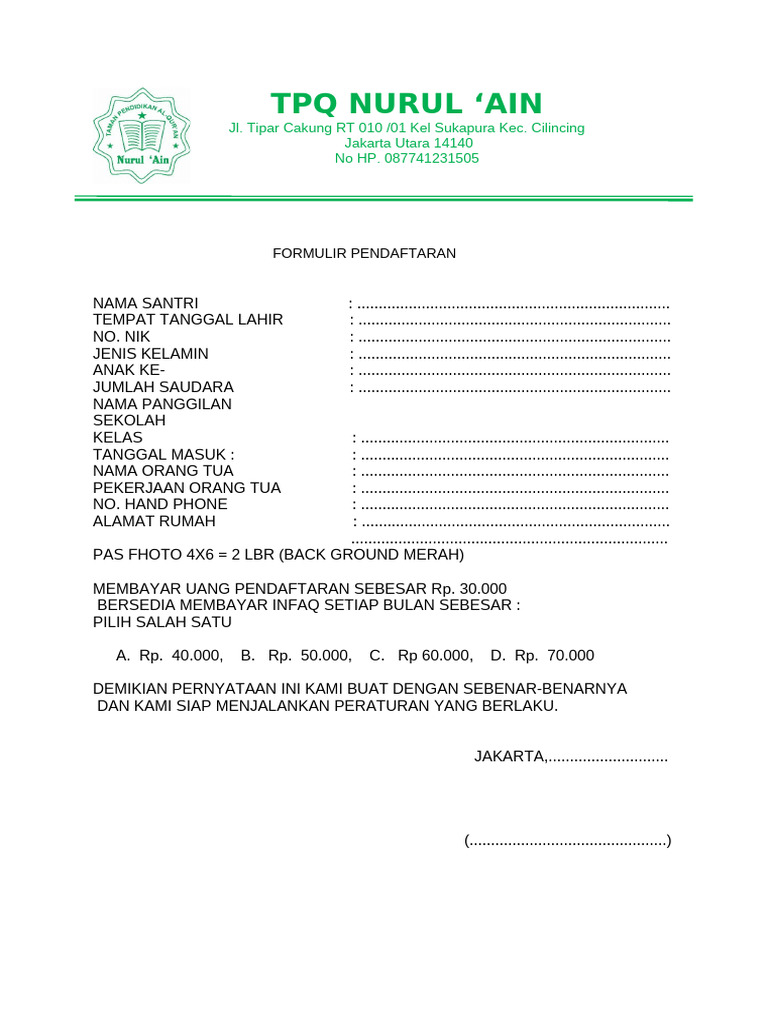 FORMULIR PENDAFTARAN SISWA BARU TPQ NURUL'AIN[1] | PDF
