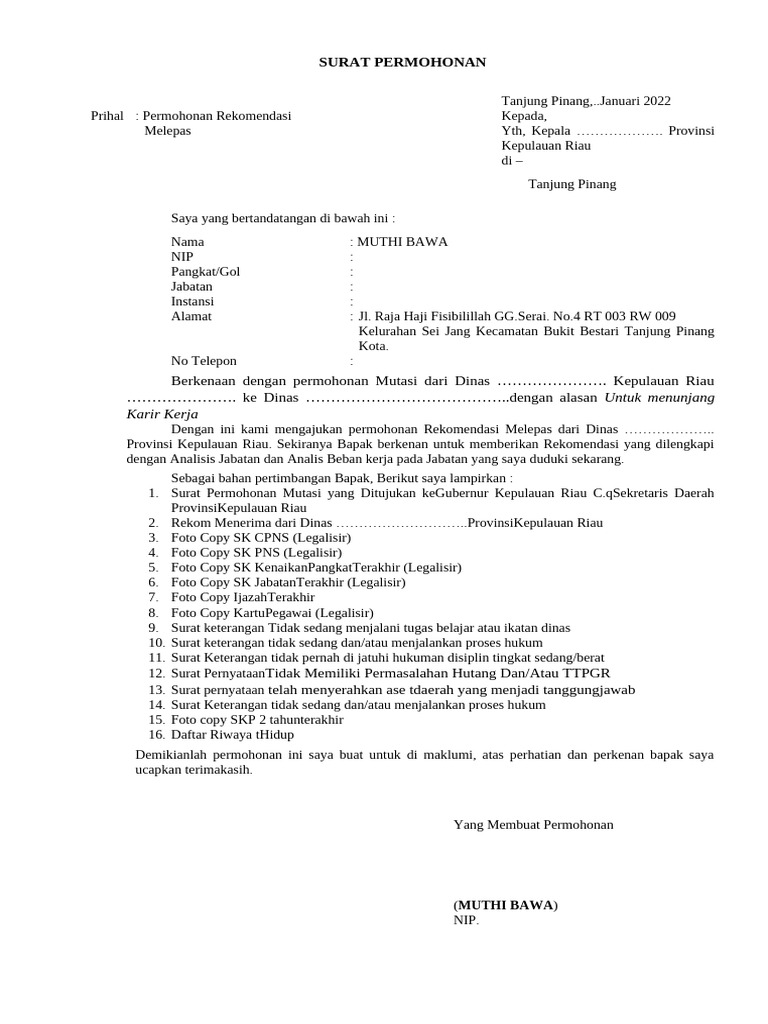 Surat Permohonan Rekom Melepas | PDF