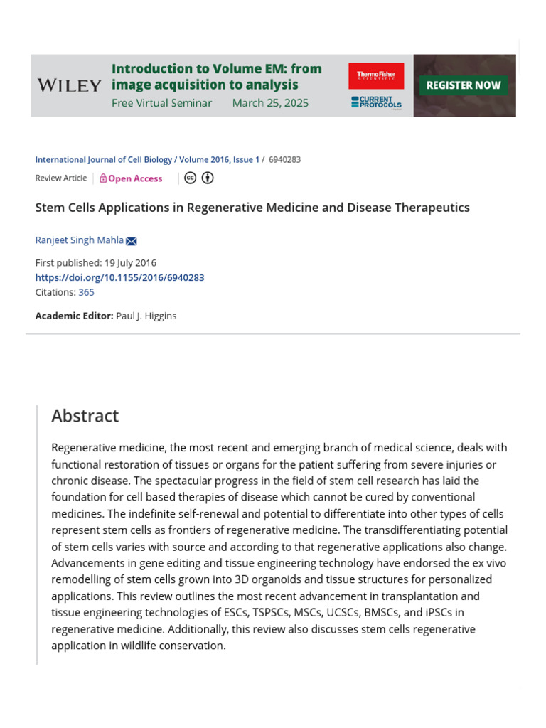 Stem Cells Applications in Regenerative Medicine and Disease ...