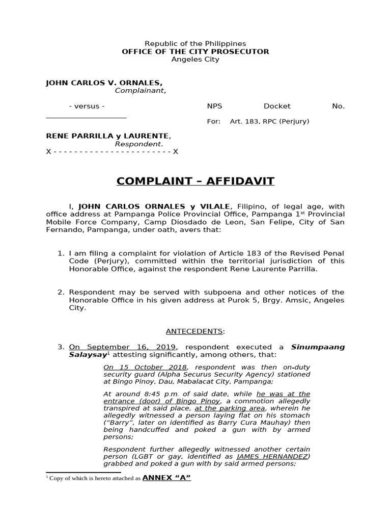 PCPT Ornales Perjury Complaint | PDF | Perjury | Affidavit