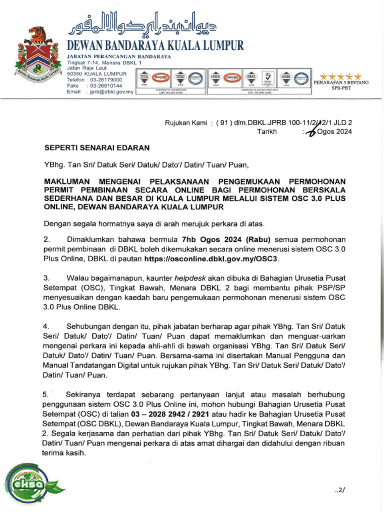 Pelaksanaan Sistem Osc 3.0 Plus Online DBKL - PSP - Planner | PDF