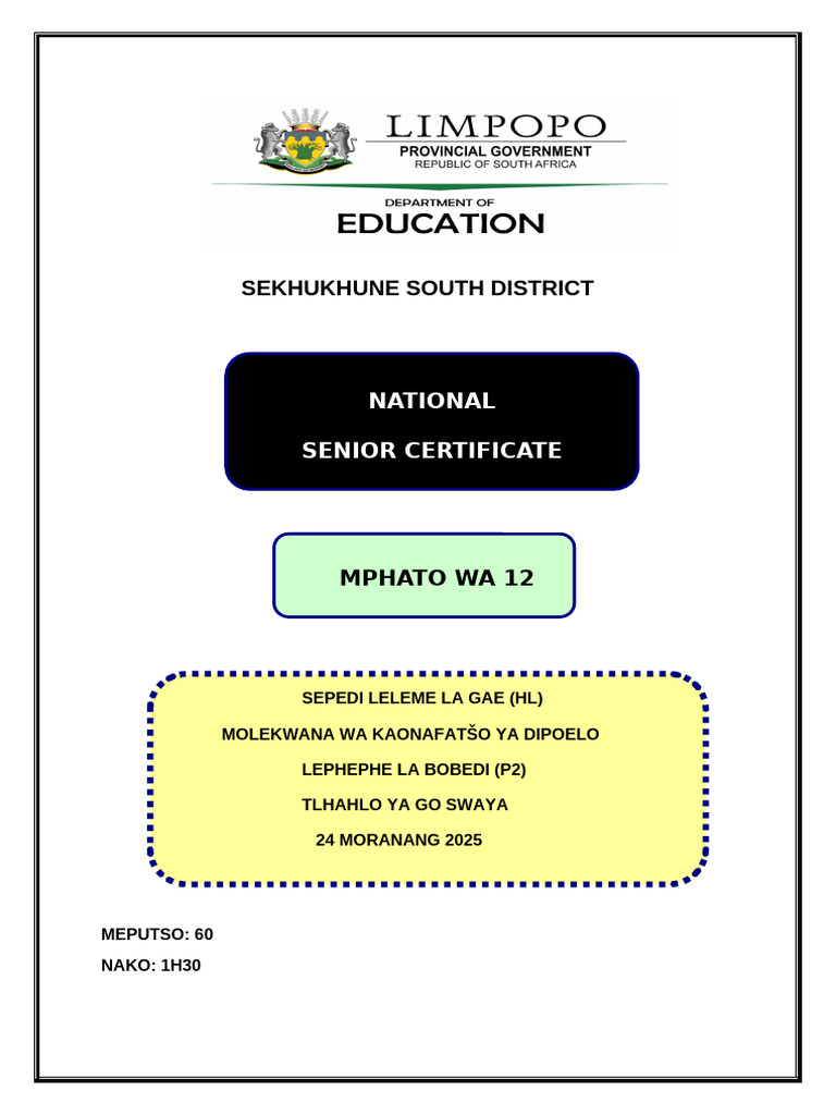Grade 12 Sephl 2025 Tlhahlo Ya Go Swaya Paper 2 No 1 | PDF