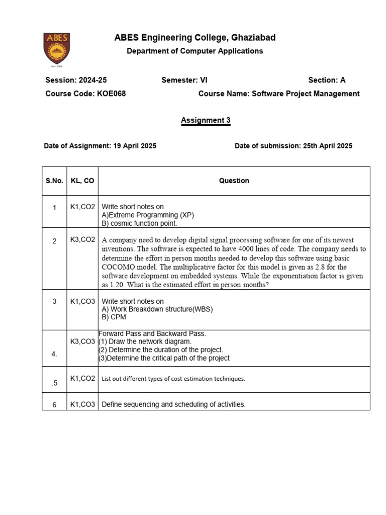 Software Project Management Assignment 2024-25 | PDF