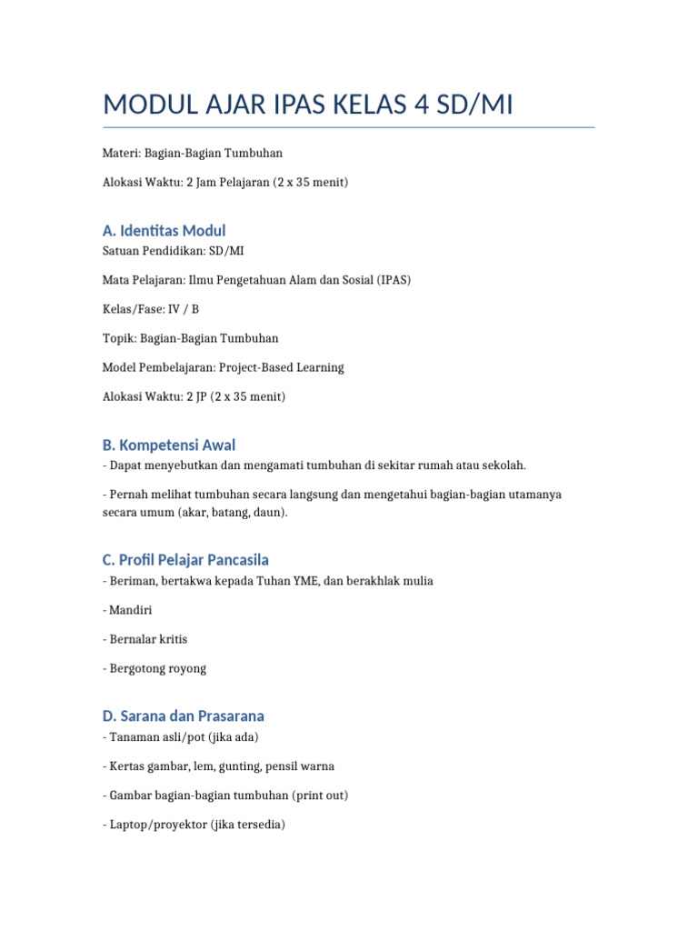 Modul - IPAS - Kelas - 4 - Bagian - Tumbuhan Besok | PDF