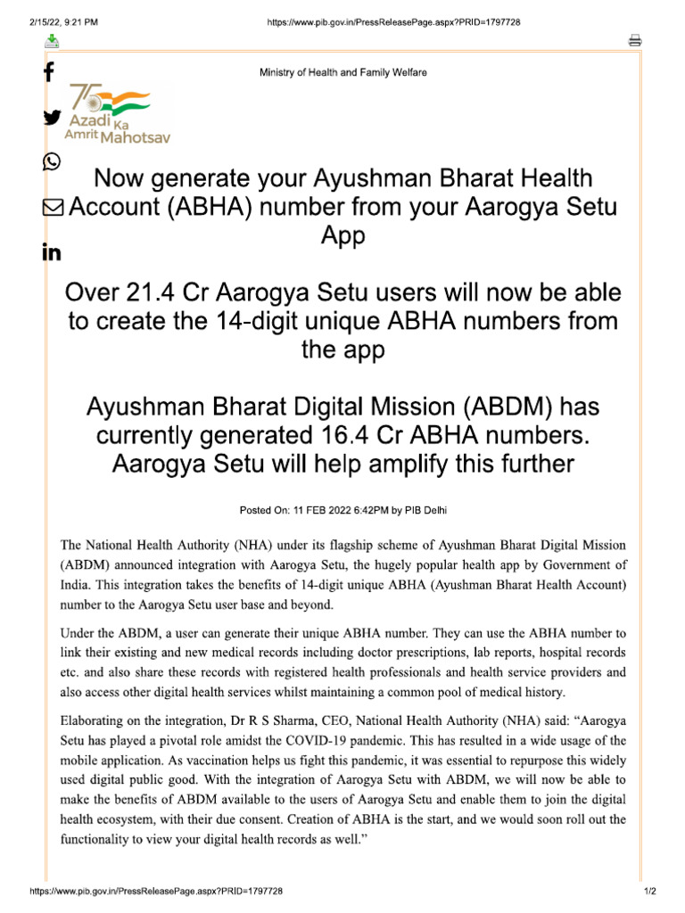 ABHA Health Account from Aarogya Setu App | PDF