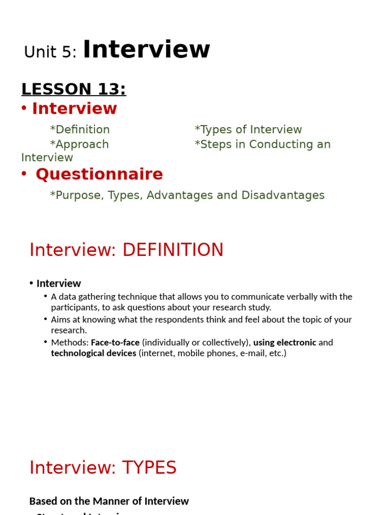 Unit 6 (Lesson 13 Summary) | PDF | Questionnaire | Interview