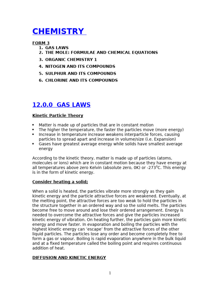 Form Three Chemistry | PDF | Mole (Unit) | Gases