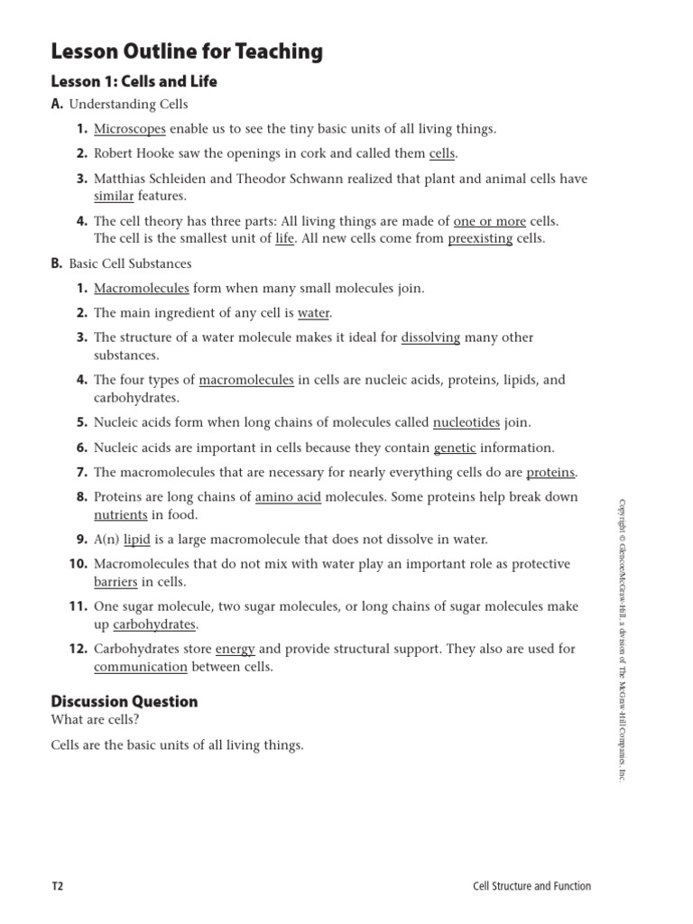 2-1 Cells and Life Answer Key | PDF