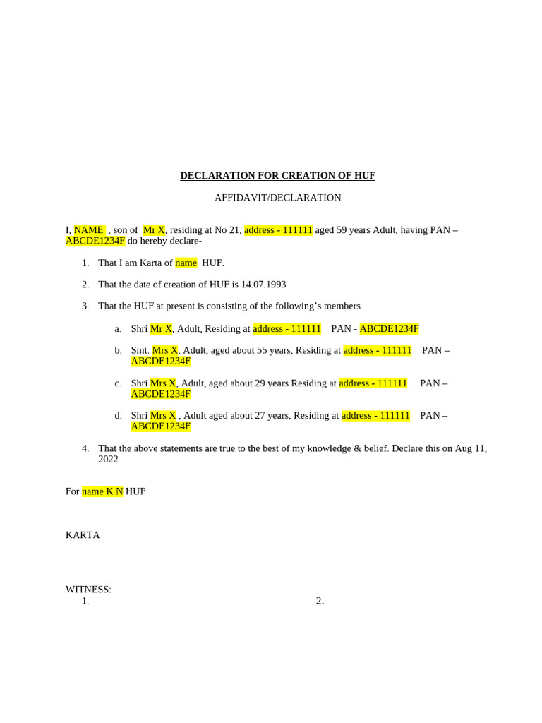 HUF Creation DEED | PDF