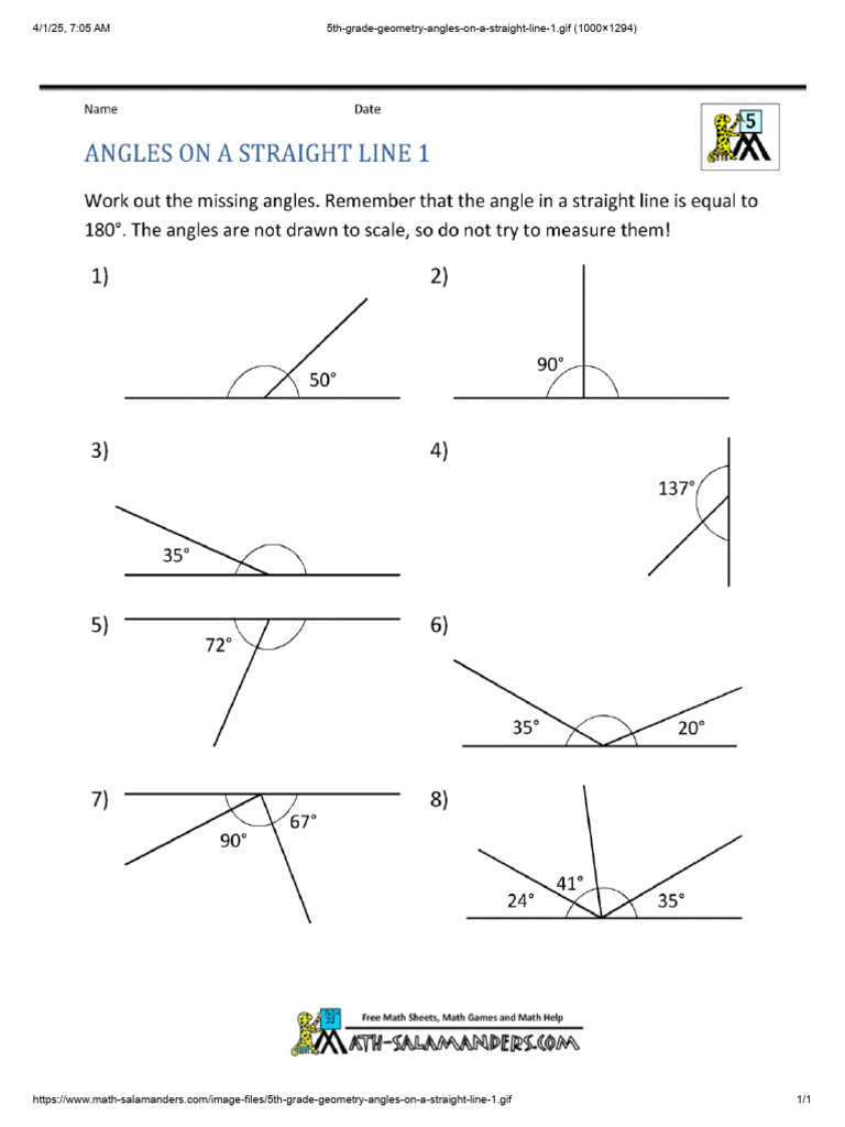 5th Grade Geometry Angles On A Straight Line 1 | PDF