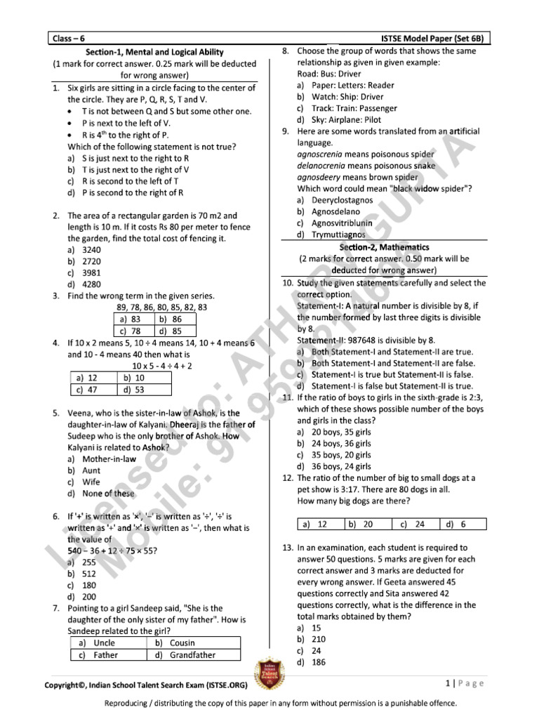 Class 6-ISTSE-P6-Model-Paper (Set-6B) | PDF