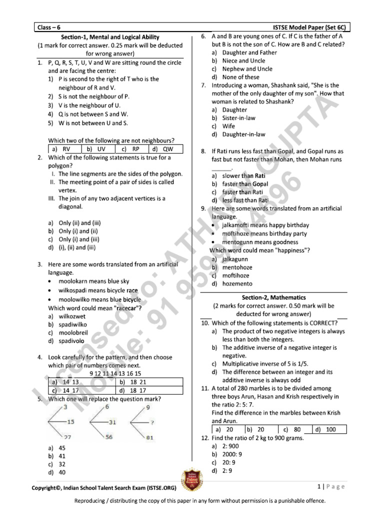 Class 6-ISTSE-P7-Model-Paper (Set-6C) | PDF