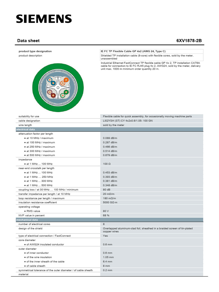 Siemens IE FC TP Cable Data Sheet | PDF | Decibel | Insulator (Electricity)