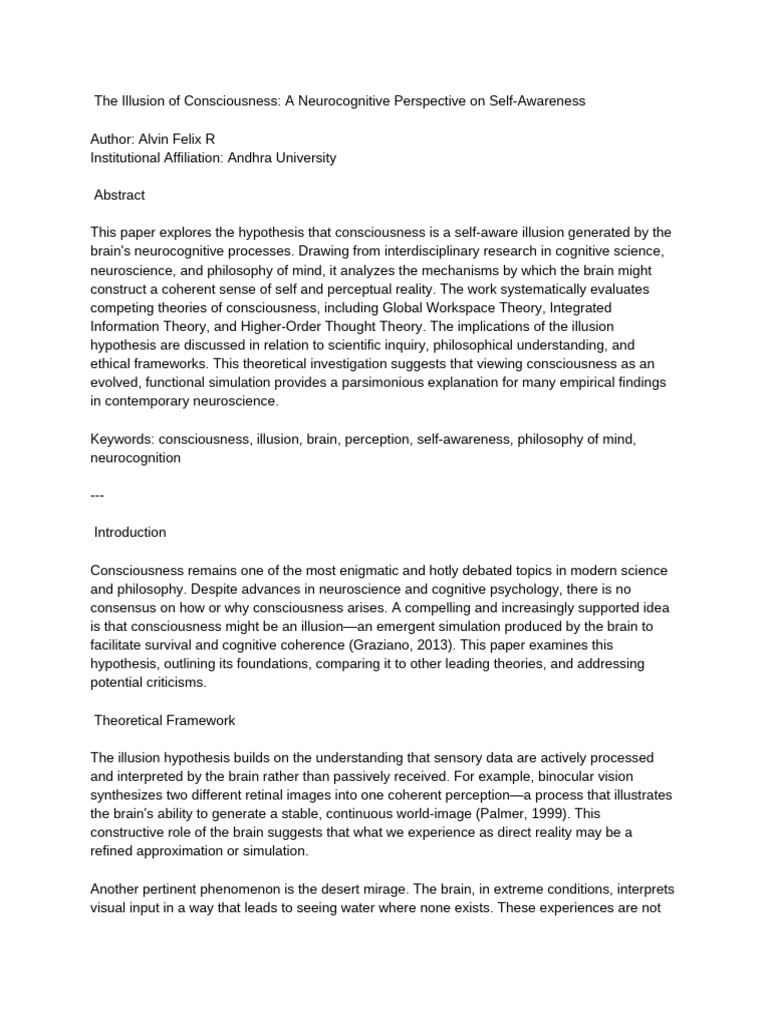 The Illusion of Consciousness - A Neurocognitive Perspective On Self ...