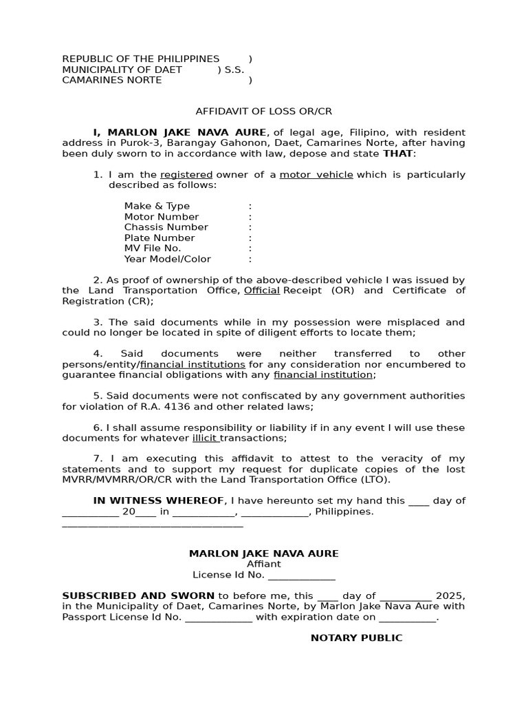 Affidavit of Loss Or-Cr | PDF