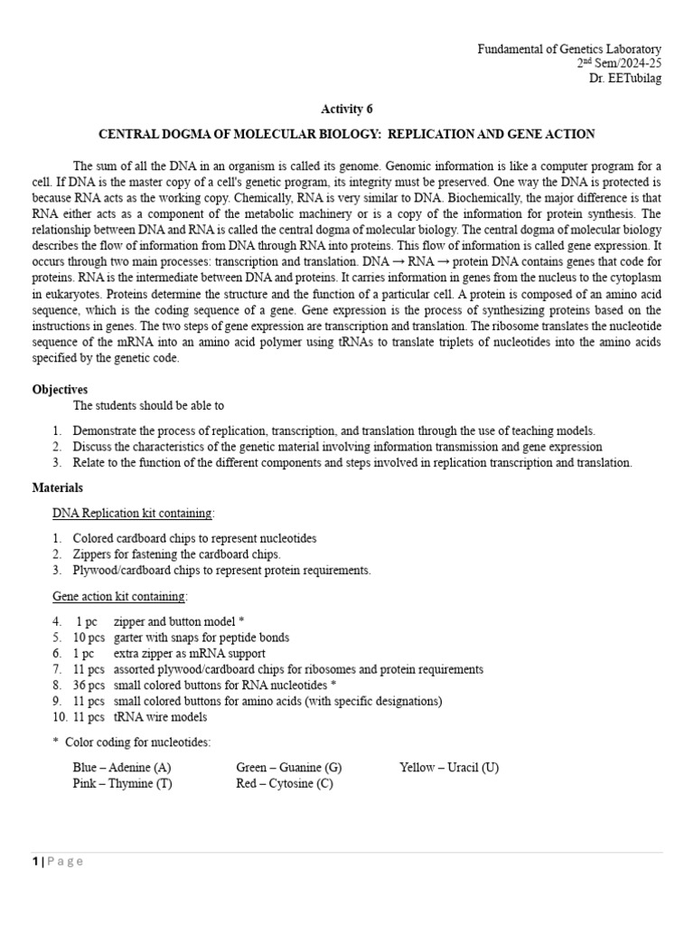 Central Dogma: Gene Expression Lab Guide | PDF | Translation (Biology ...