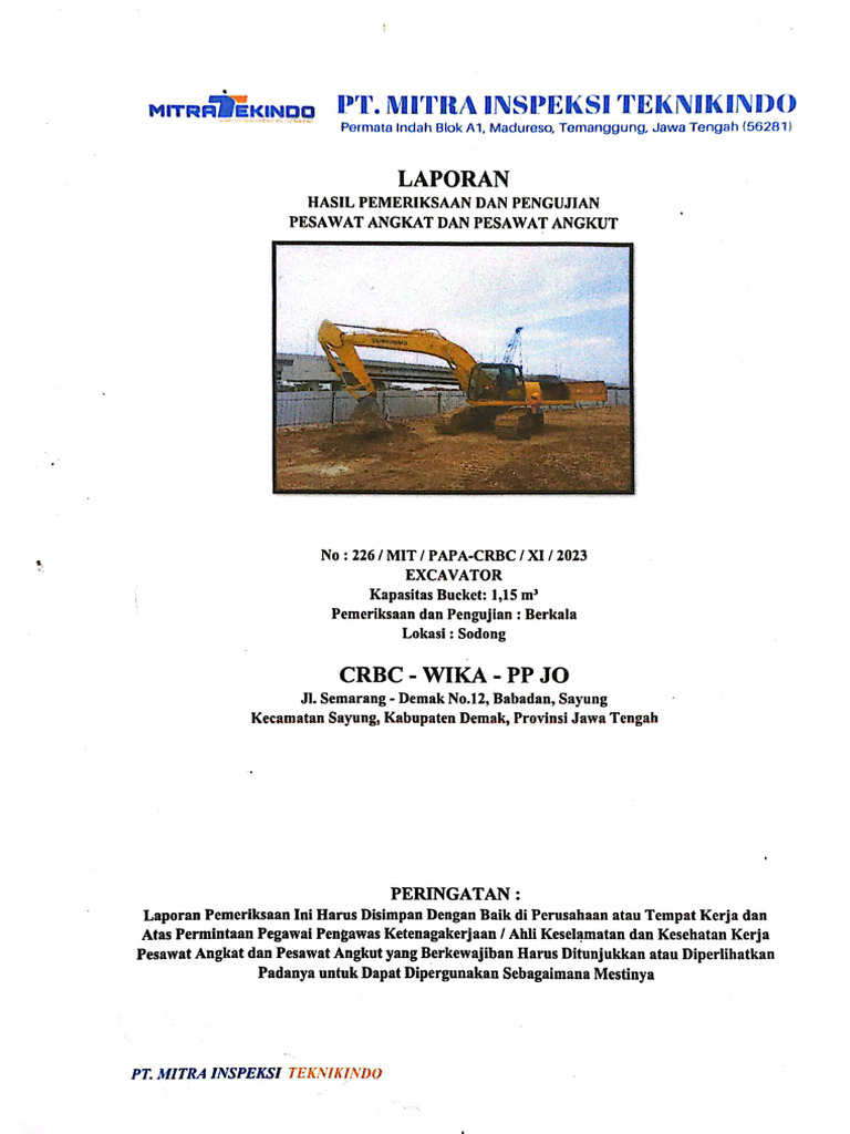 Uji Riksa No 226 Excavator Sumitomo | PDF