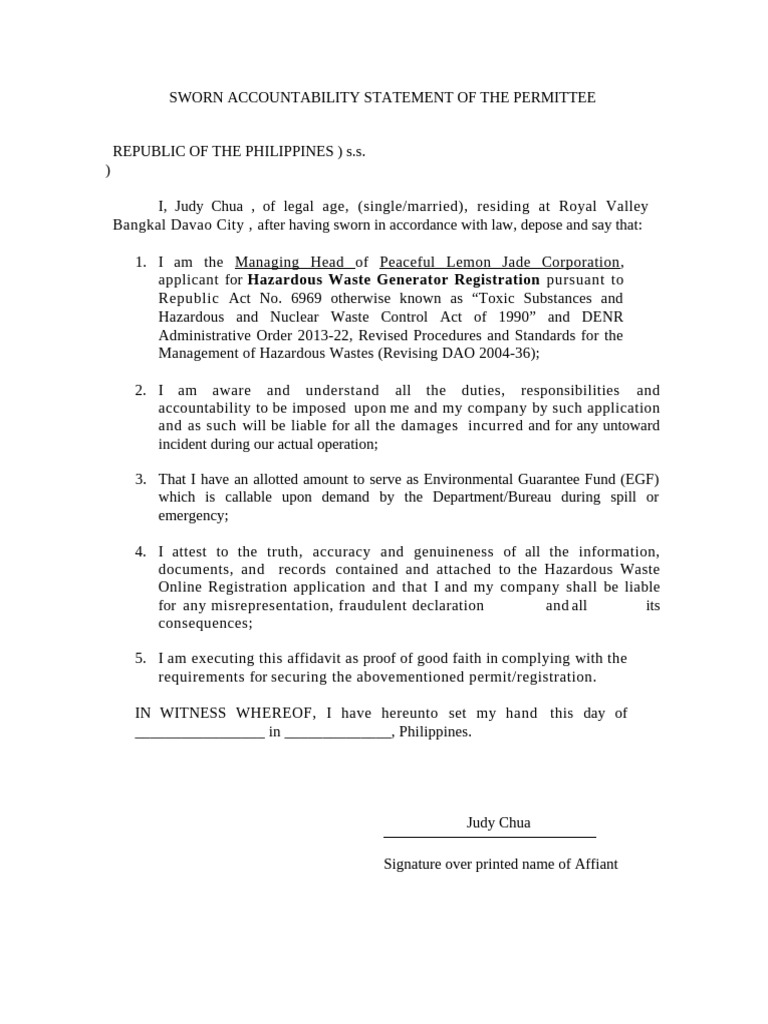 Sworn Accountability Statement of The Permittee-Judy Chua | PDF