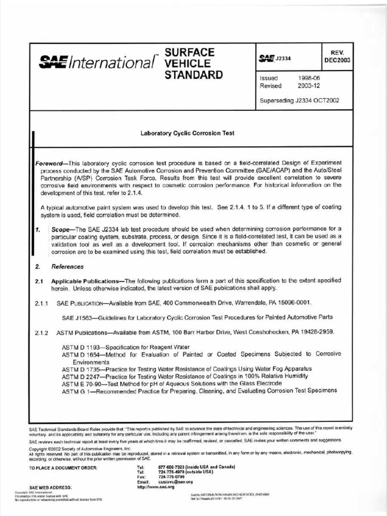 SAE J2334 Cyclic Corrosion Test Guide | PDF | Corrosion | Humidity