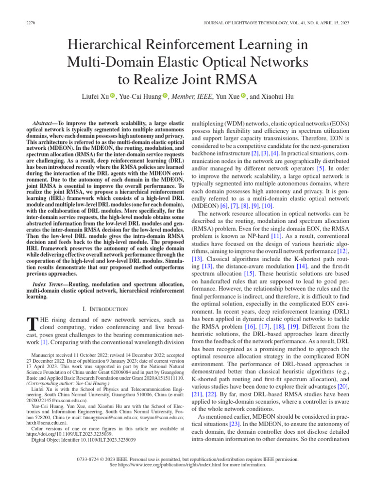 Hierarchical Reinforcement Learning in Multi-Domain Elastic Optical Networks To Realize Joint ...