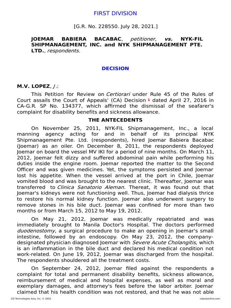 Bacabac v. Nyk-Fil Shipmanagement, Inc. | PDF | Diseases And Disorders