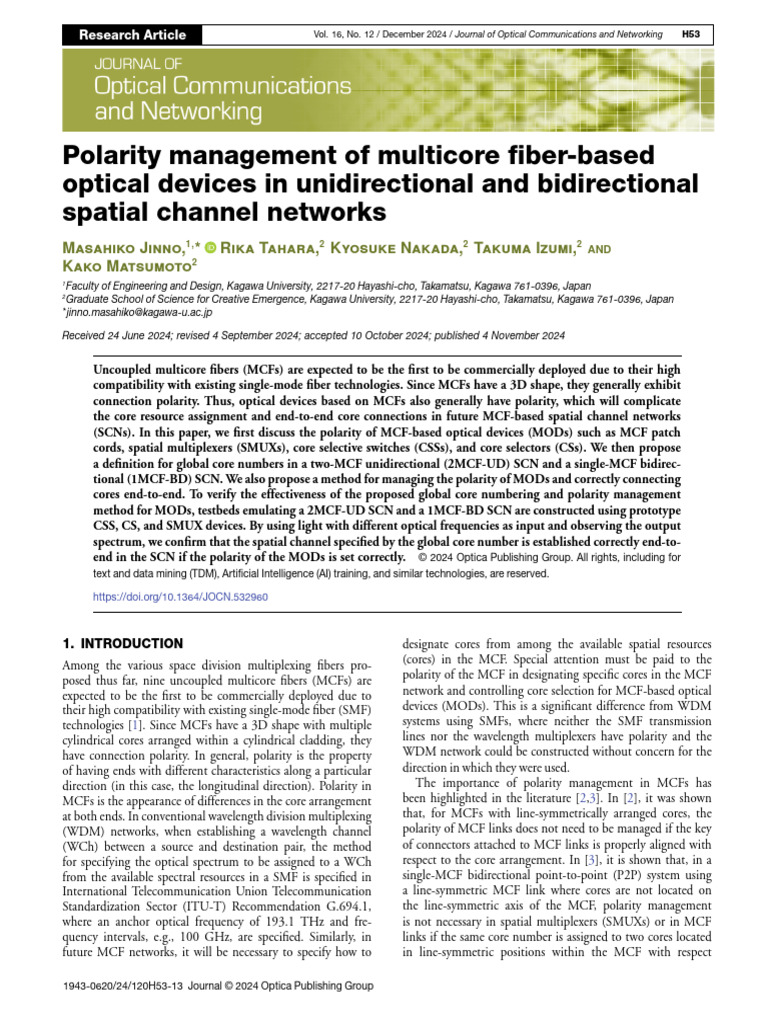 Polarity Management of Multicore Fiber-Based Optical Devices in ...