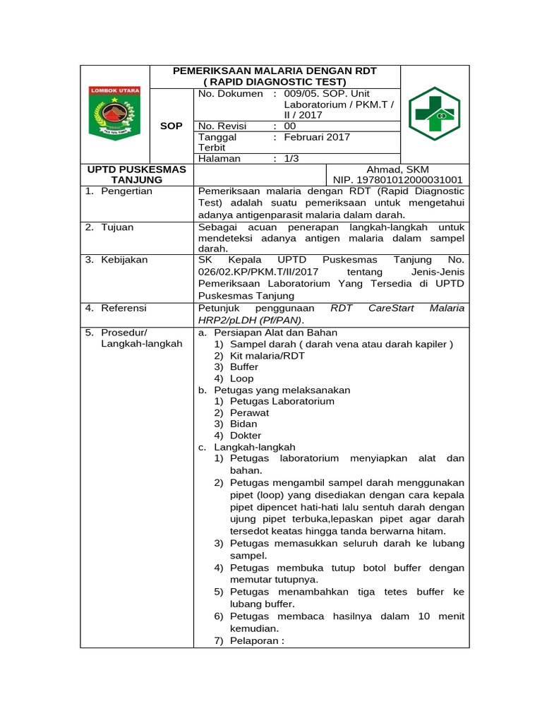 09. SOP PEMERIKSAAN MALARIA DENGAN RDT | PDF