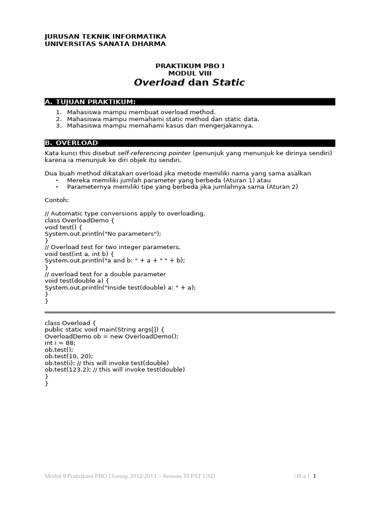 Modul 8 Prakt PBO 1-Overloading Dan Static 2 | PDF