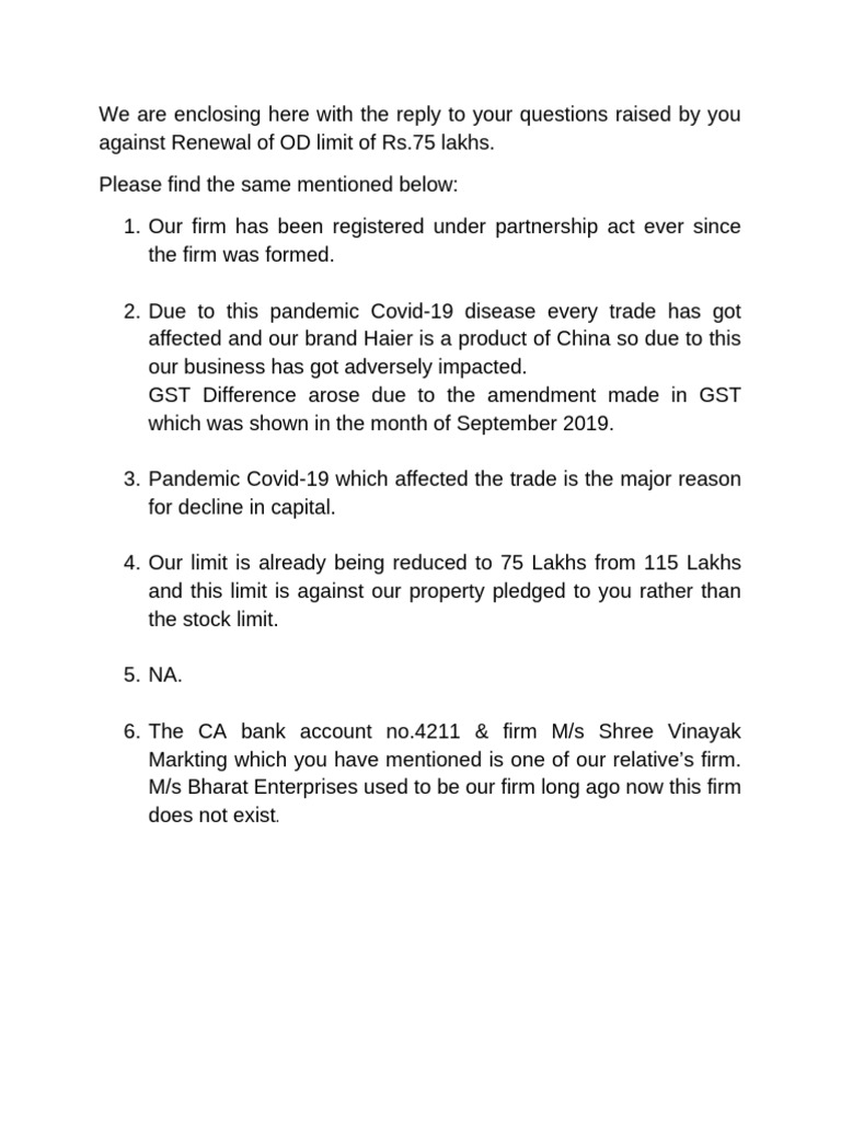 Reply To Bank Letter For Limit Renewal | PDF