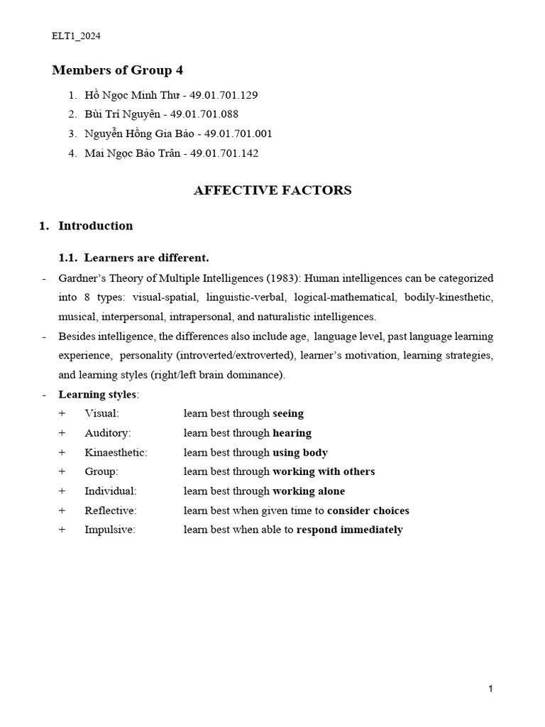 Unit 4 - Affective Factors-Handout | PDF | Motivational | Motivation