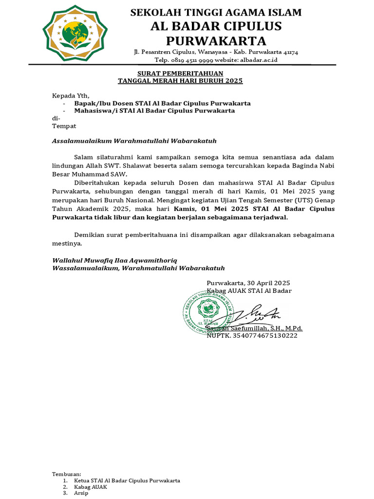 Pemberitahuan UTS Hari Buruh 2025 | PDF