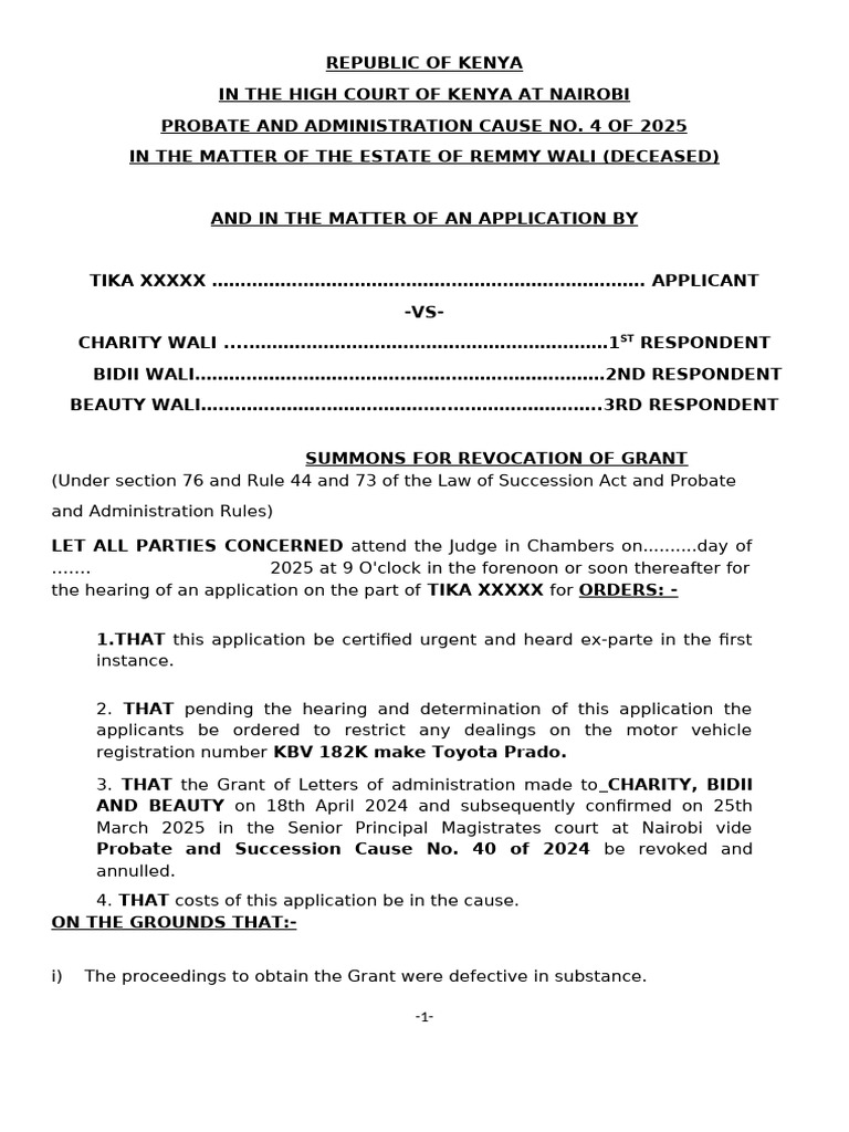 Revocation of Grant Application Kenya | PDF | Probate | Justice