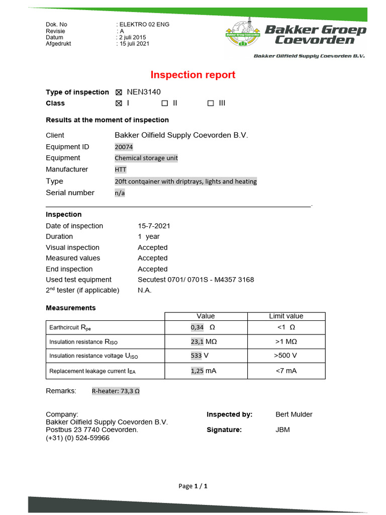 Certificaat-20074-Jaarlijkse Electrische Keuring Vlgns. NEN3140 | PDF
