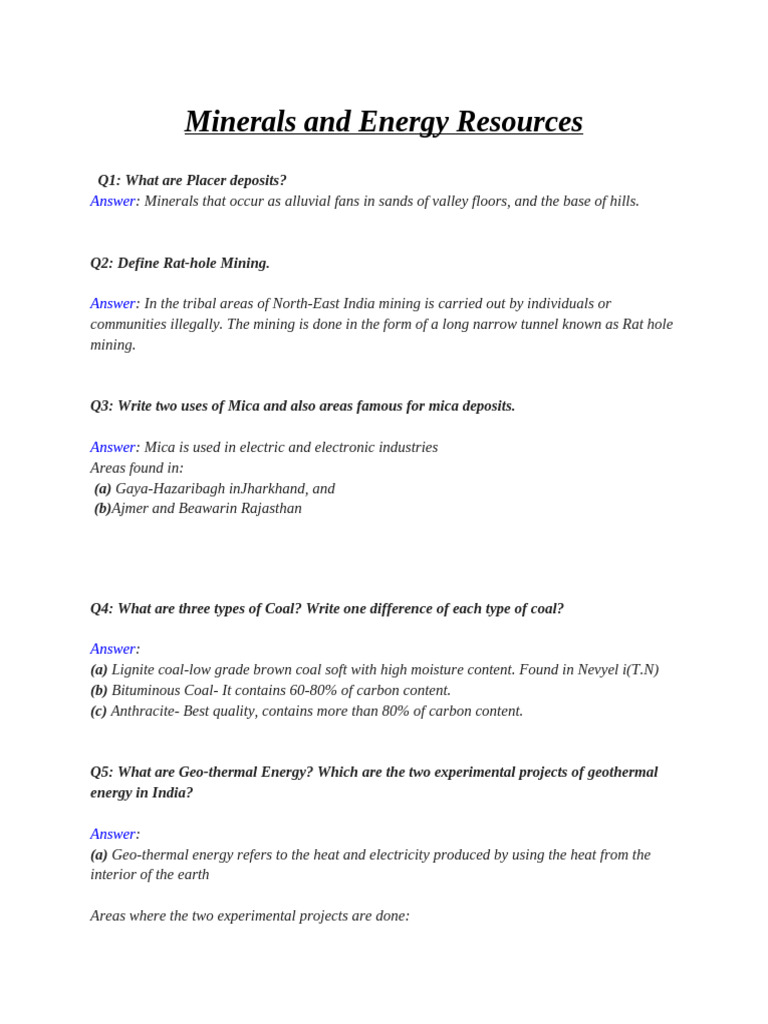 Minerals and Energy Resources Class10 Notes | PDF | Coal | Rock (Geology)