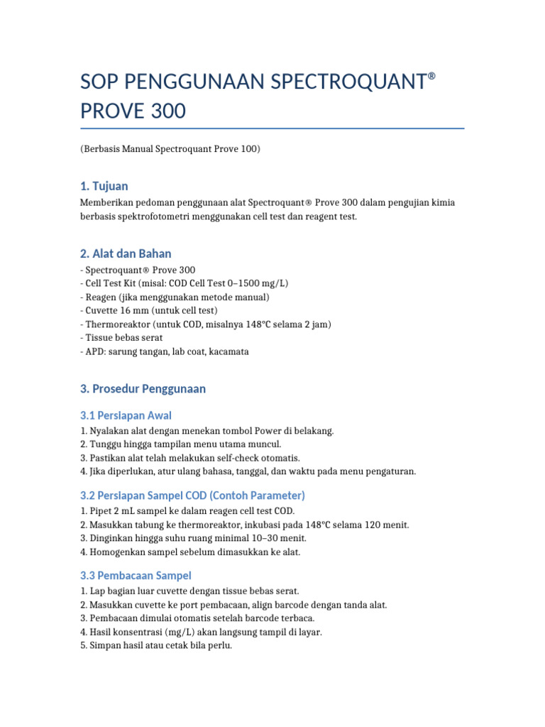 SOP Spectroquant Prove 300 Dari Manual PDF | PDF