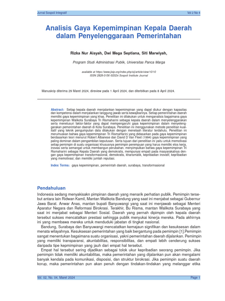Analisis Gaya Kepemimpinan Kepala Daerah Dalam Penyelenggaraan Pemerintahan | PDF