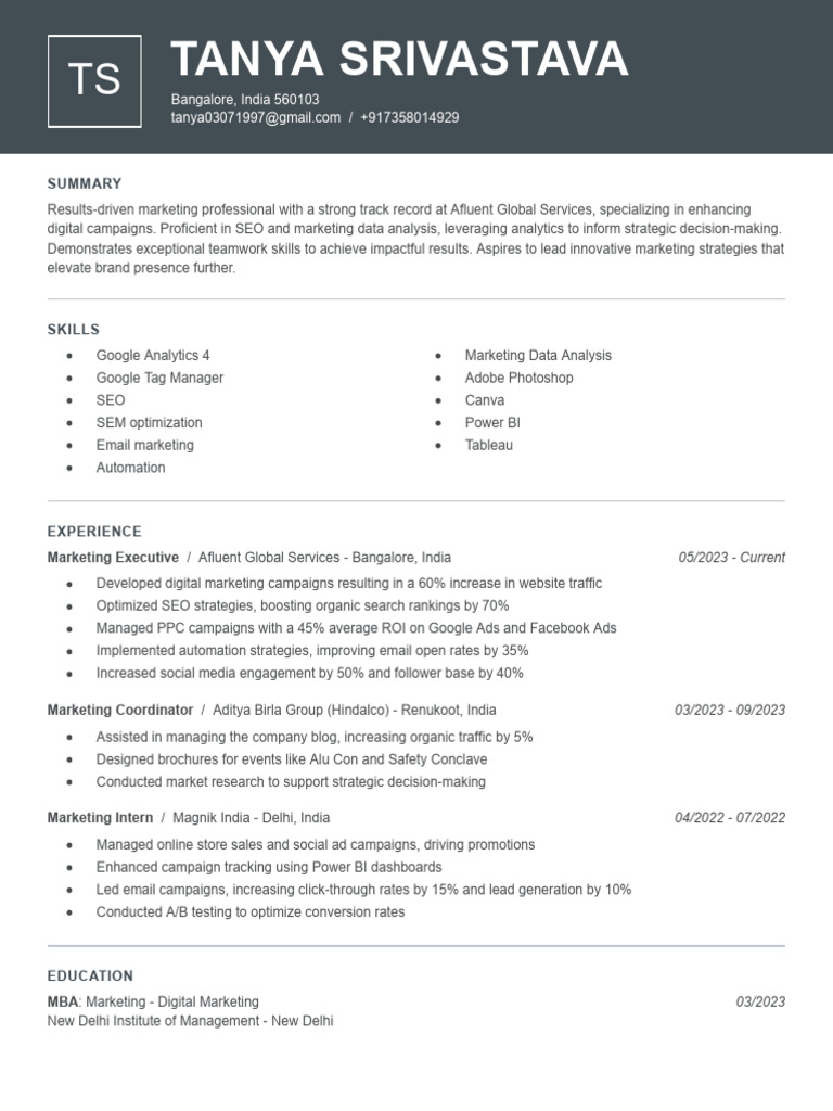 Tanya Srivastava Resume | PDF | Digital Marketing | Search Engine Optimization