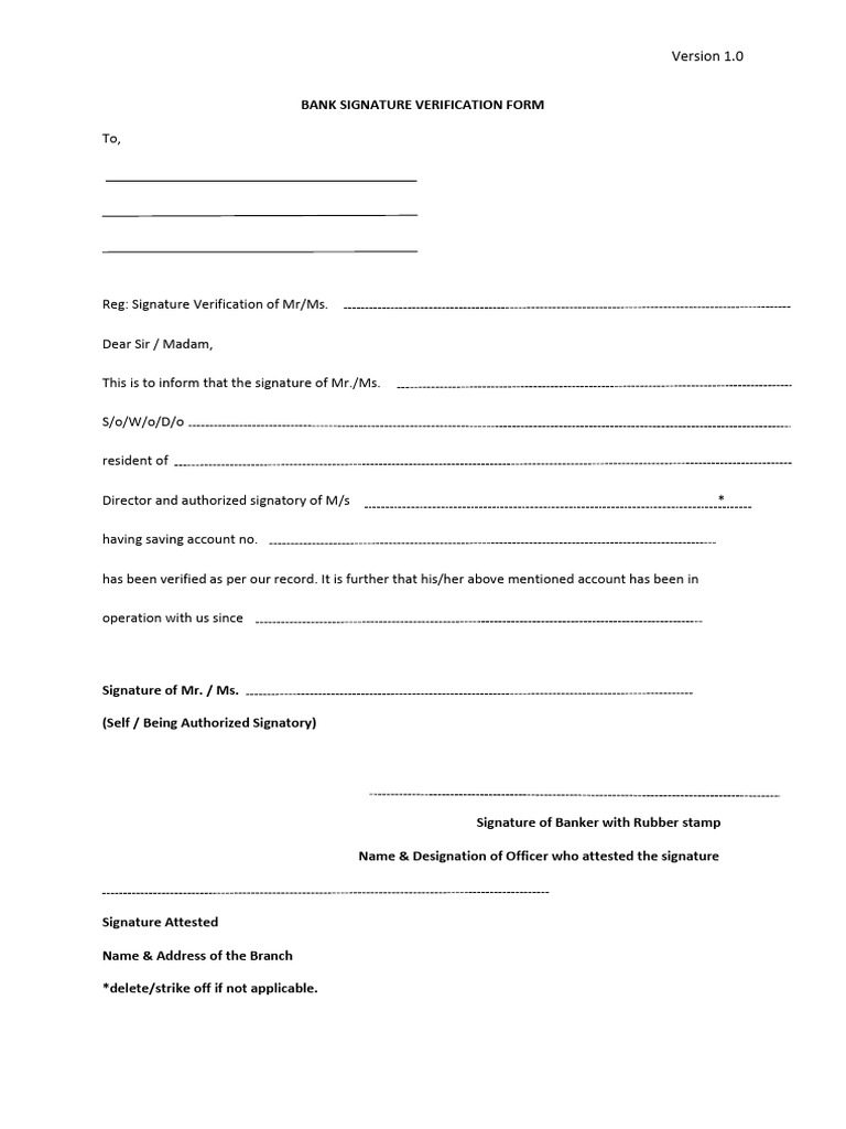 Bank Signature Verification Form v1.0 | PDF