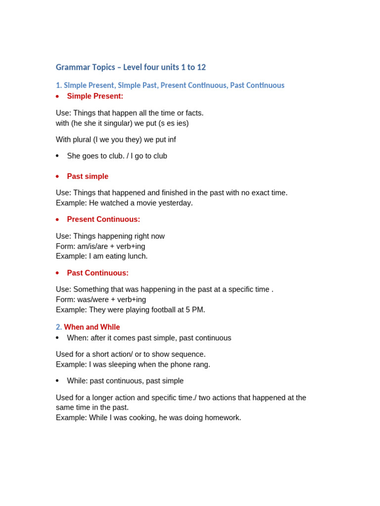 Level 4 Grammar Topics Overview | PDF | Verb | Morphology