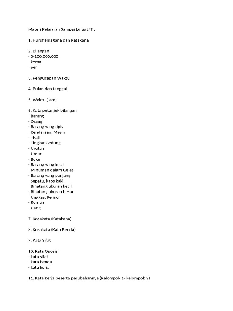 Materi Pelajaran Sampai Lulus JFT | PDF