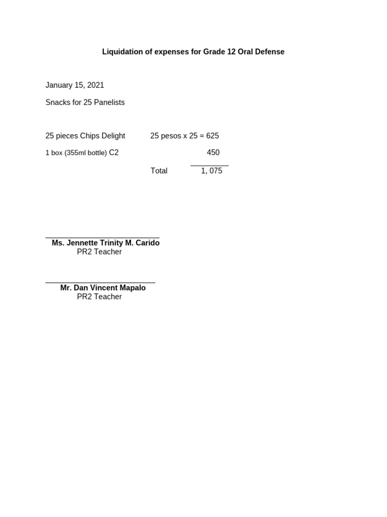 Grade 12 Oral Defense Snack Expenses | PDF